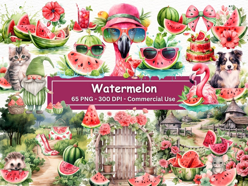 Watercolor Watermelon Clipart Bundle, PNG Set of 65, Watermelons Clip ...