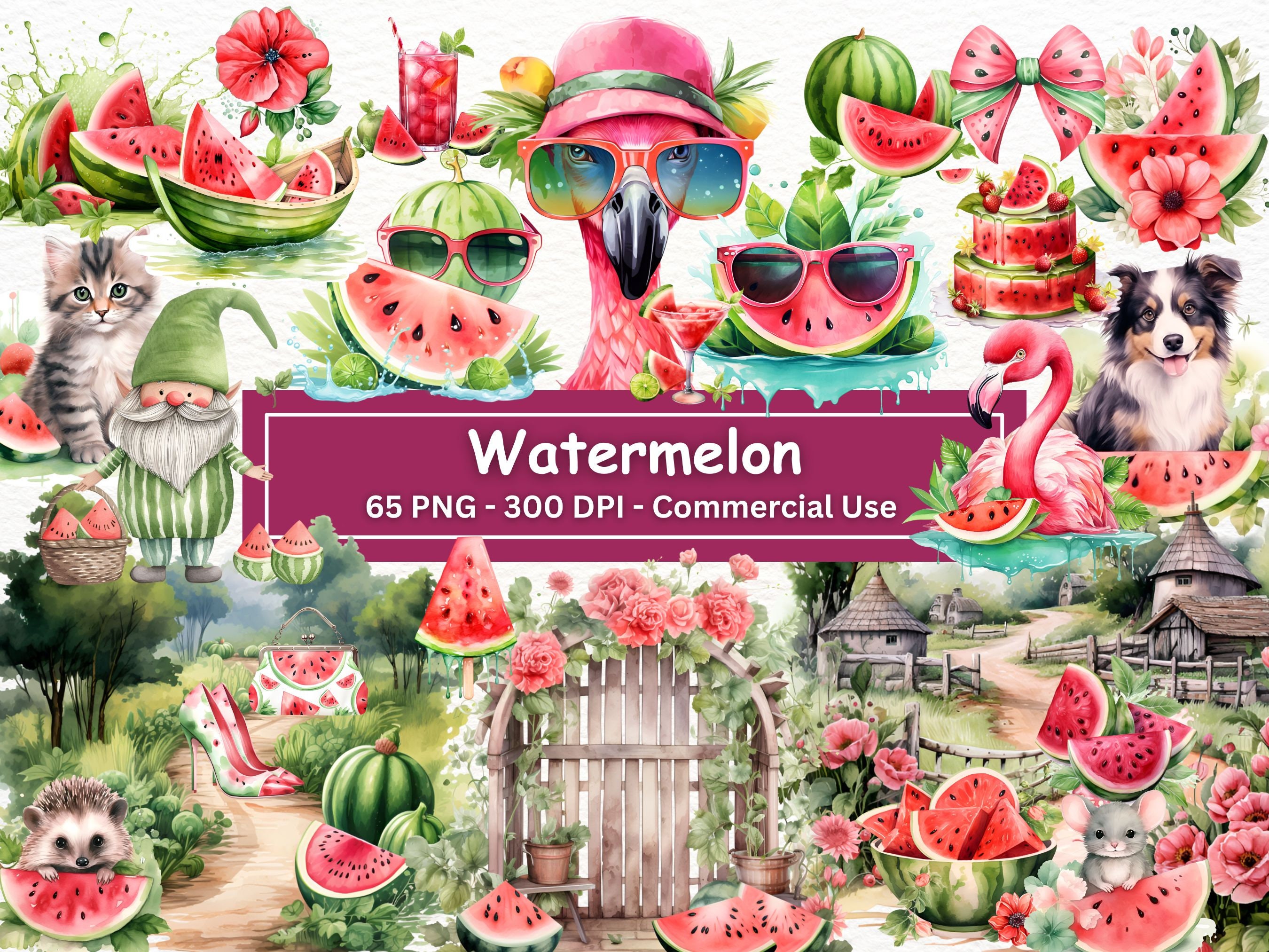 Watercolor Watermelon Clipart Bundle, PNG Set of 65, Watermelons Clip ...