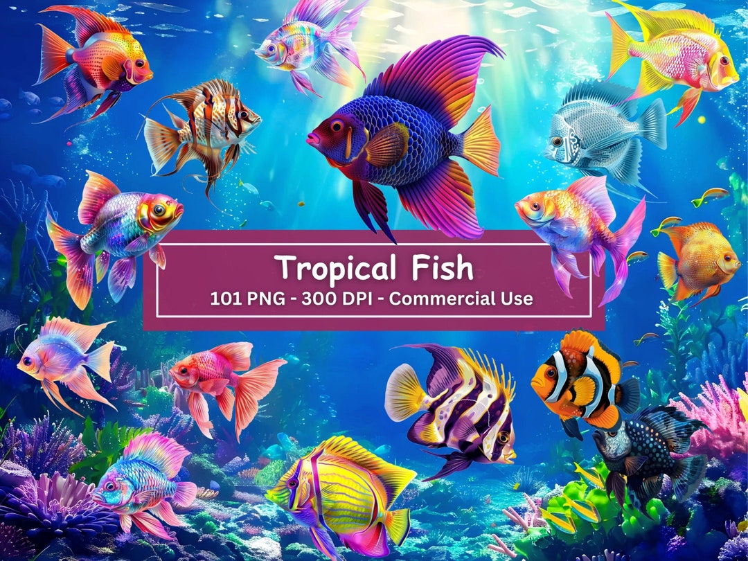 Tropical Fish Clipart Bundle, 101 PNG Set, Ocean Backdrop, Colorful ...