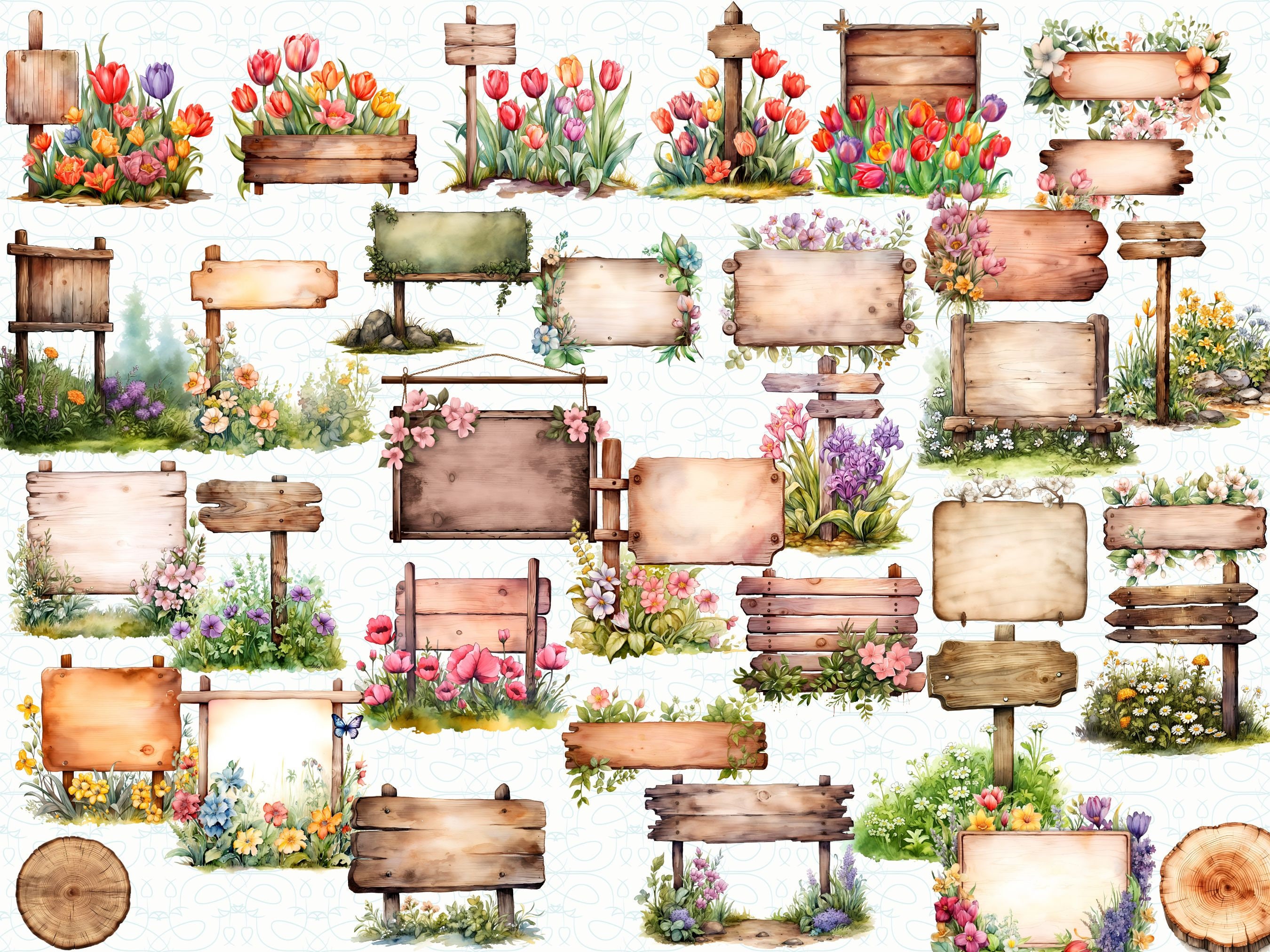 Floral Wooden Signs Clipart: Watercolor Flowers PNG Set (digital ...