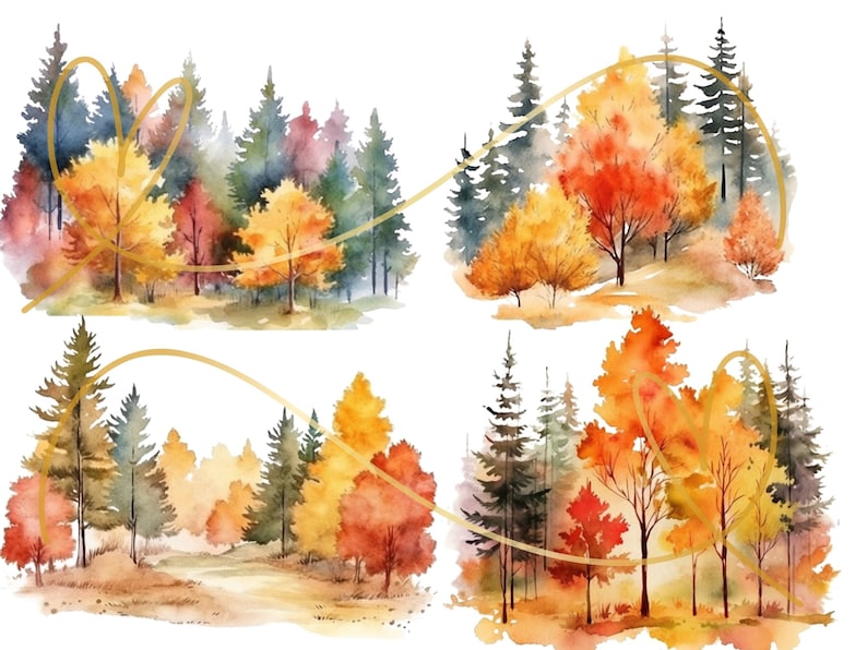 Autumn Fall Forest Watercolor Clipart Bundle, Fall Trees Clip Art PNG ...