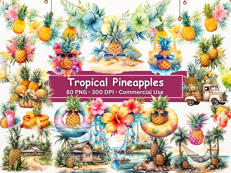 Watercolor Pineapple Clipart: Tropical Beach PNG Bundle (80 Images ...