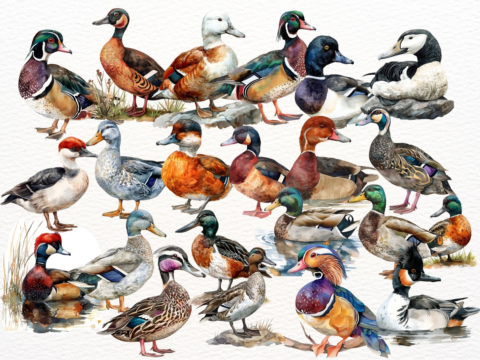 Exotic Ducks Clipart Bundle: Watercolor Pond Scene (PNG Set) (digital ...