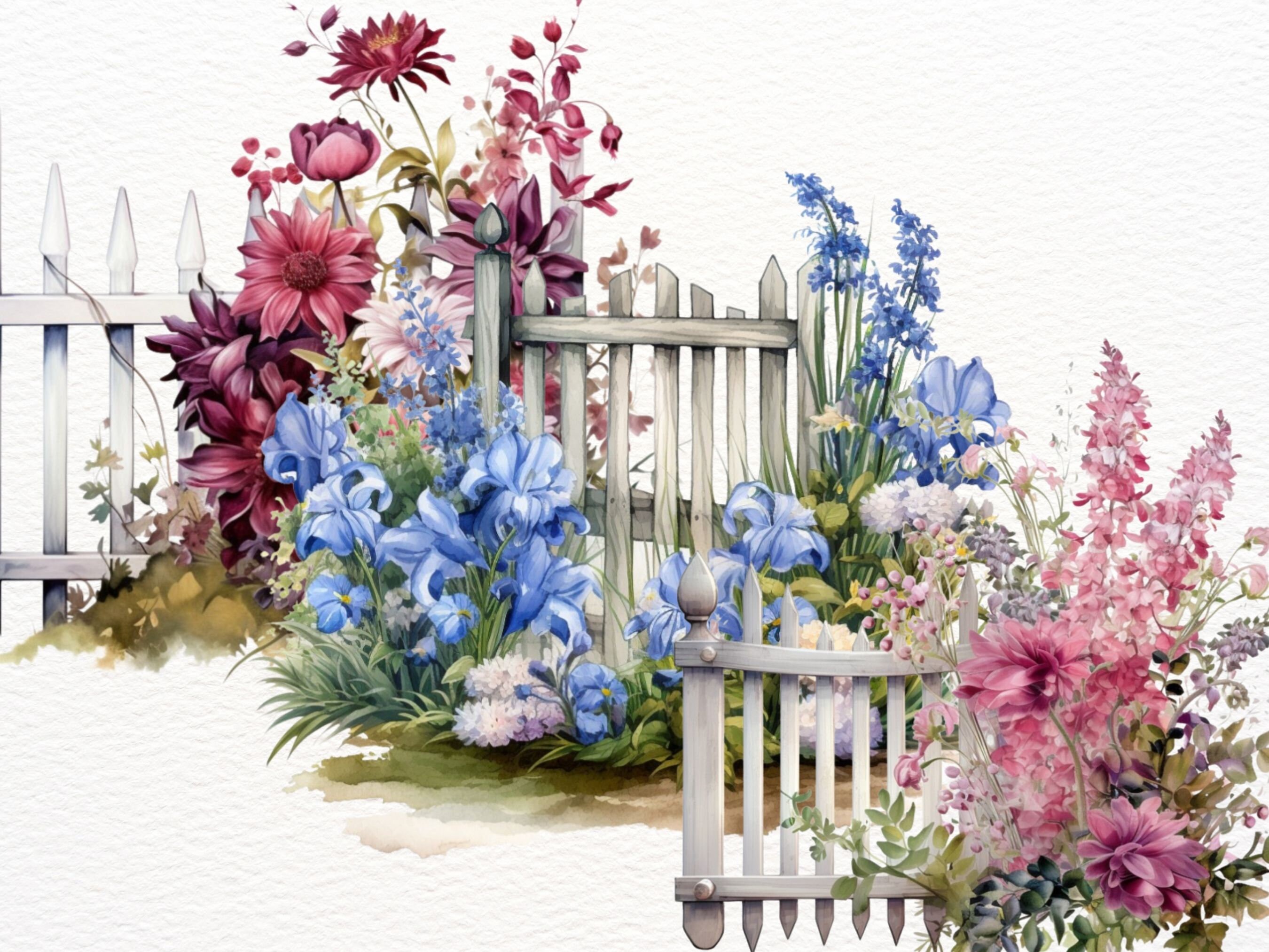 Watercolor Floral Garden Clipart: Gates, Benches, Flowers (40 PNG Set ...