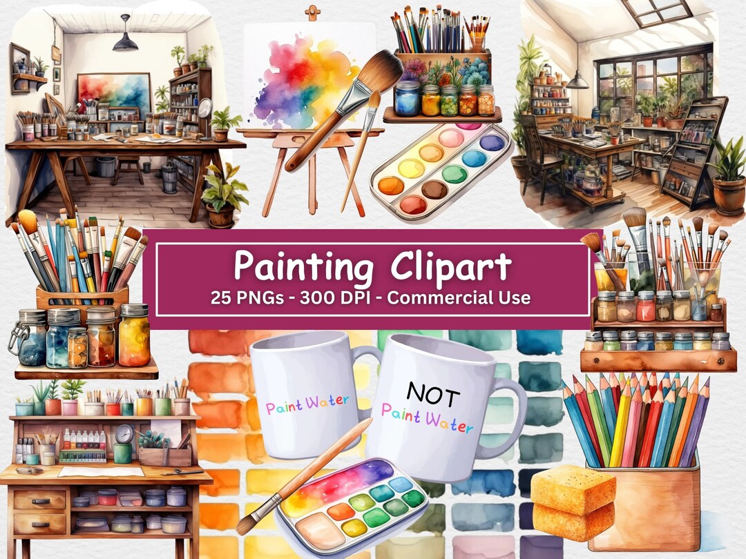 Watercolor Artist Painting Clipart Bundle, Set of 25 Pngs, Aquarelle ...