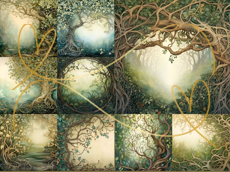 Printable Fantasy Forest Bundle, Enchanted Forest Trees Paper Set of 25 ...