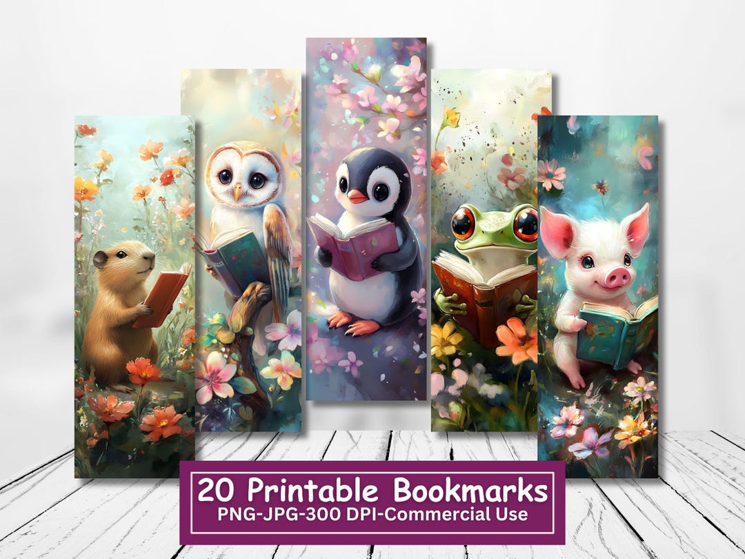 Cute Animals With Books Printable Bookmark Bundle, JPG Print and Cut ...