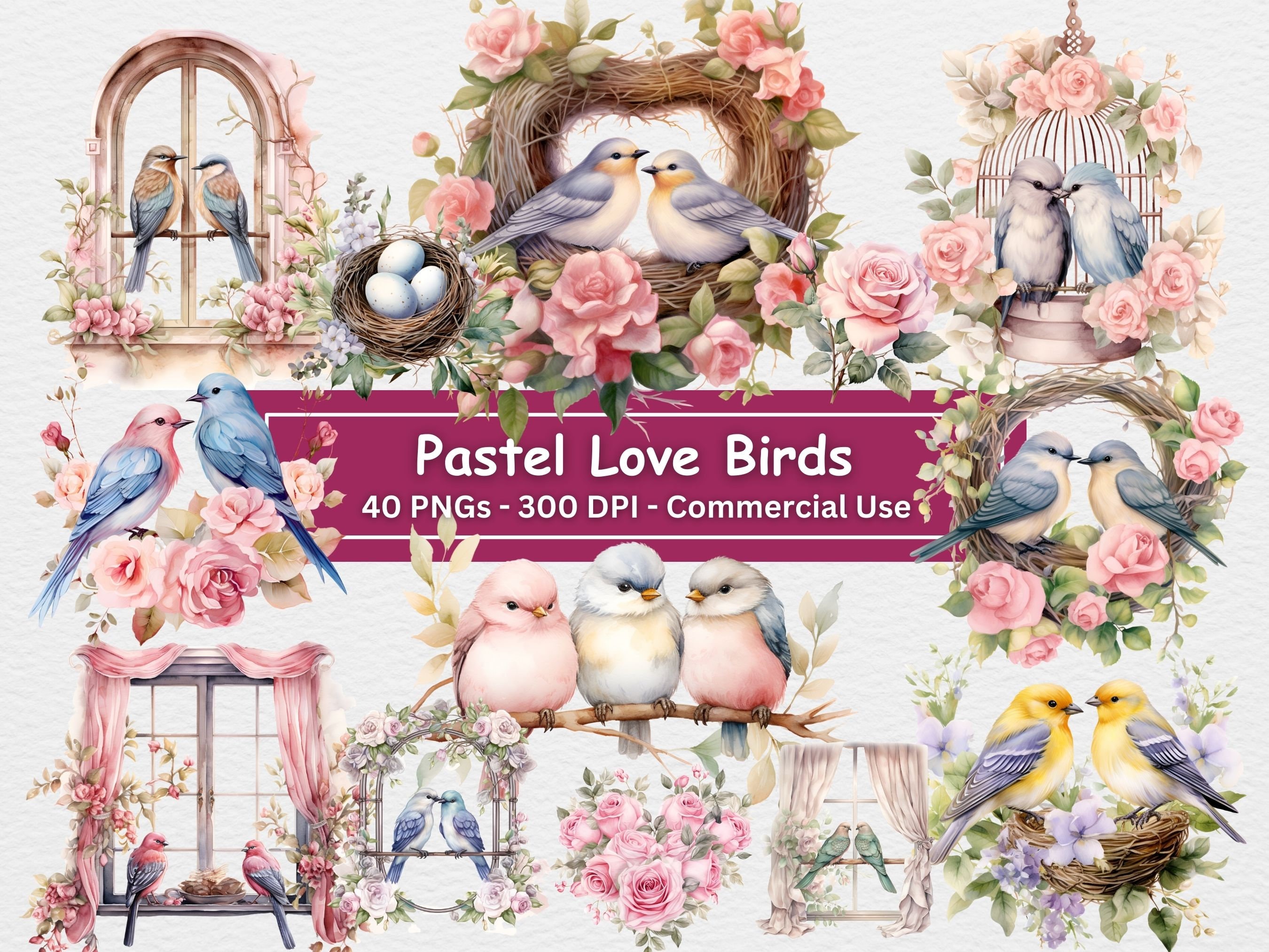 Watercolor Pastel Love Birds Clipart Bundle, 40 PNG Set, Nursery Art ...