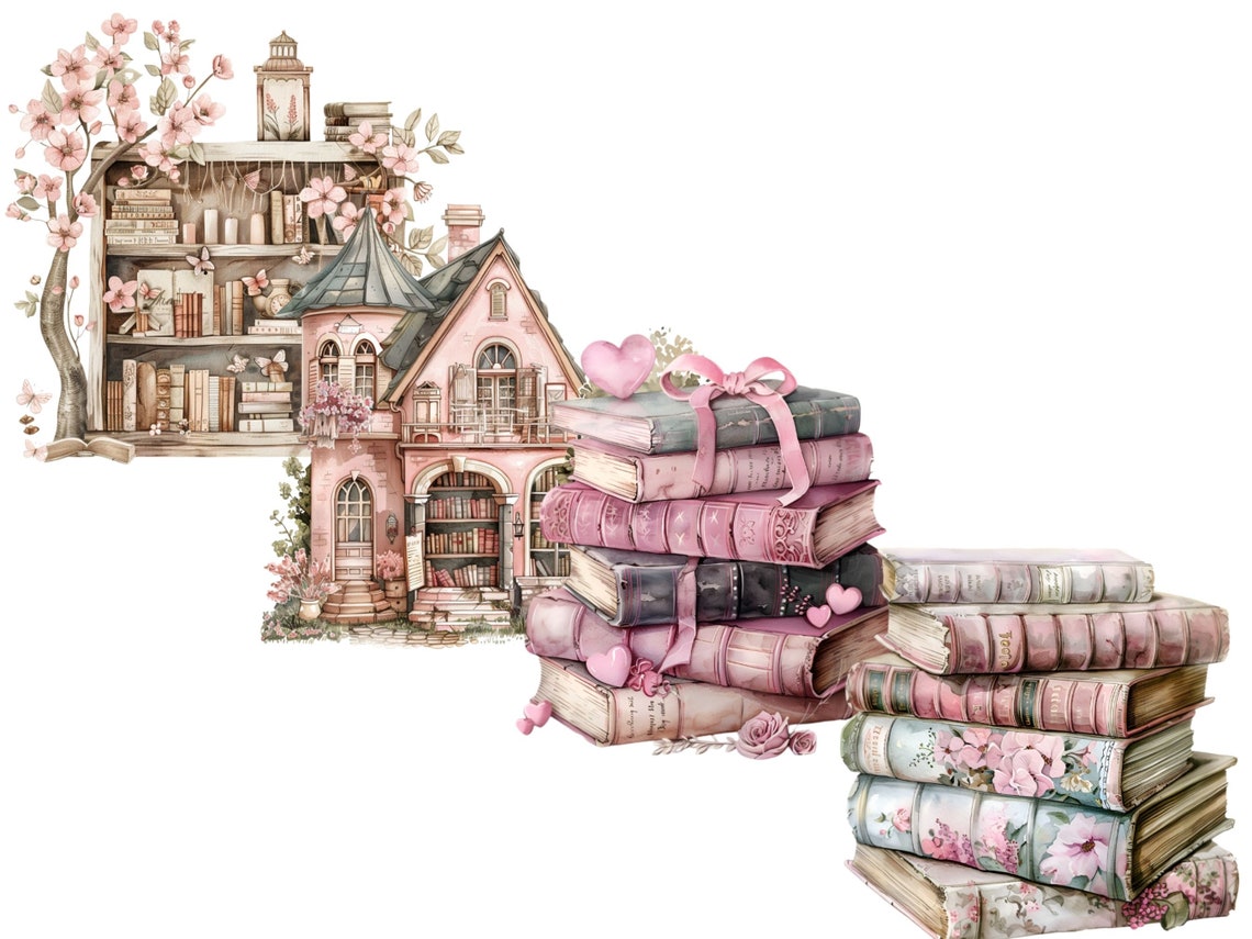 Coquette Book Clipart: Vintage Book Stacks PNG Set (digital Download ...