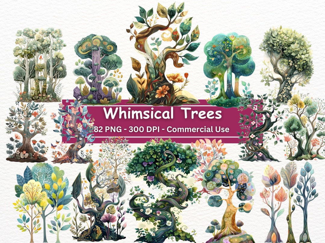 Whimsical Trees Clipart Bundle, 82 PNG Set, Children's Illustration ...
