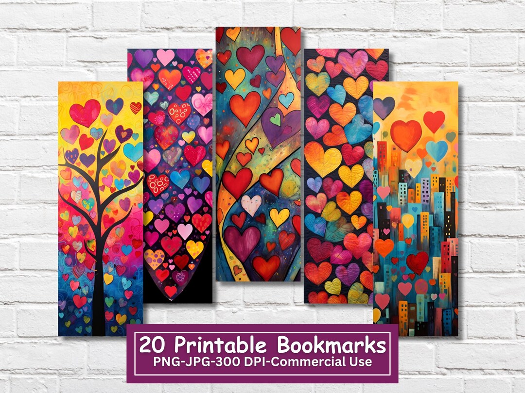 Whimsical Hearts Printable Bookmarks: PNG/JPG Bundle (commercial Use ...