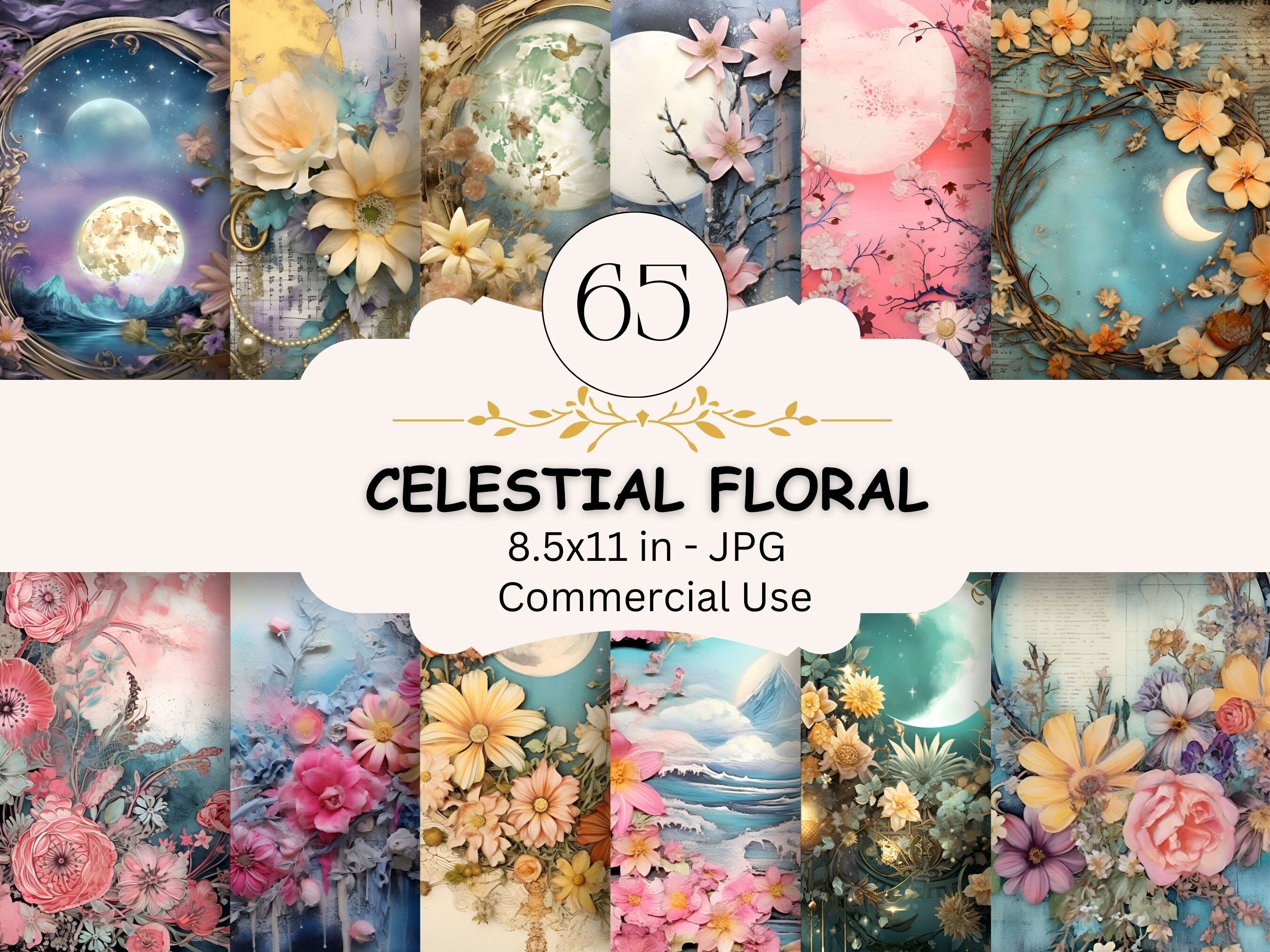 Celestial Floral Digital Paper Bundle Fantasy Moon Flowers - Etsy