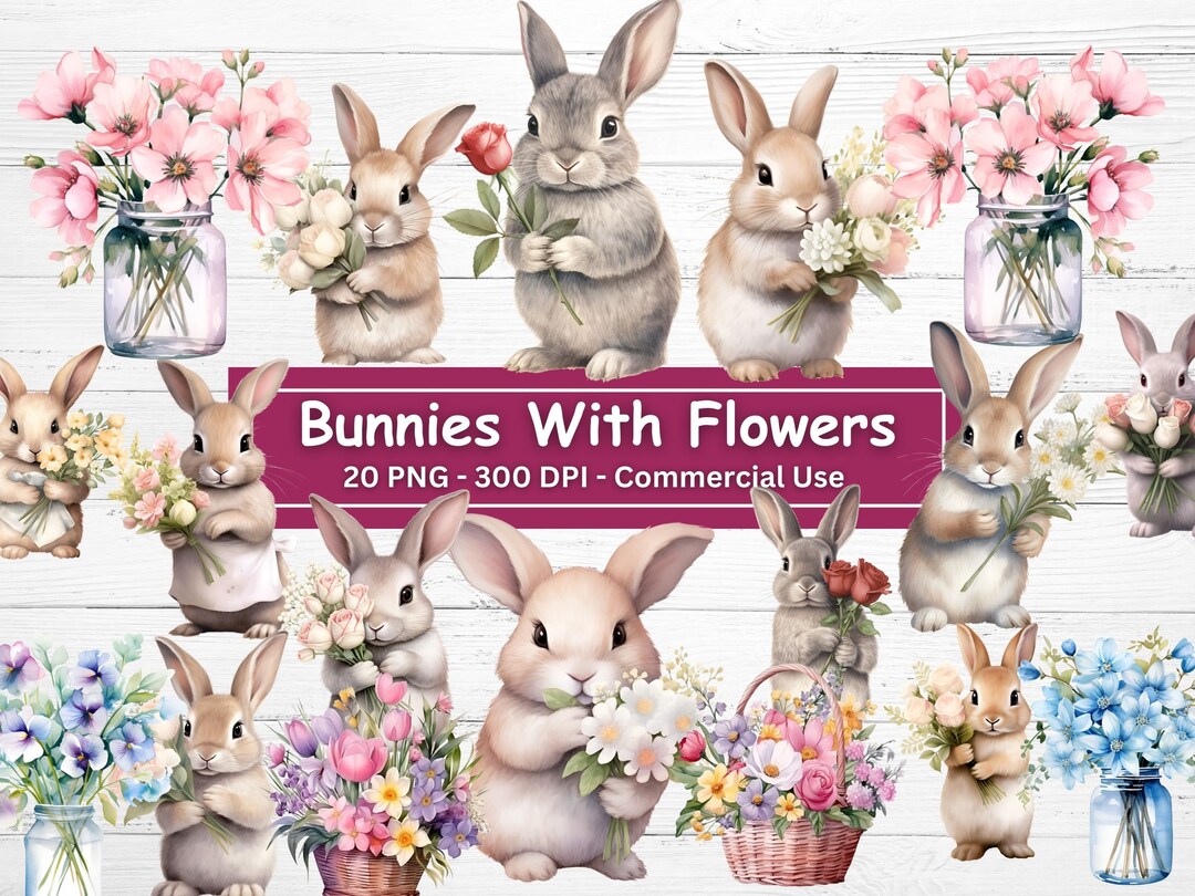 Bunnies With Flowers Clipart Bundle, Set of 20 Pngs, Cute Bunny, Rabbit ...