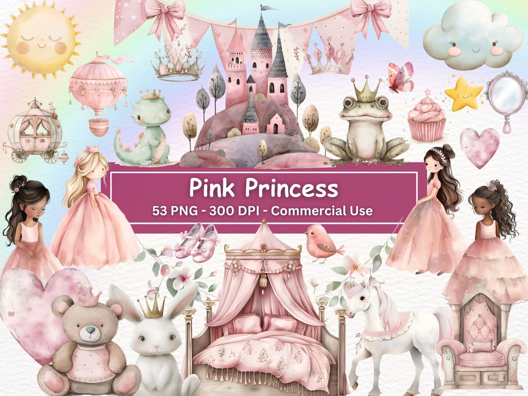 Pink Princess Watercolor Clip Art Bundle, 53 PNG Set Plus Bonus ...