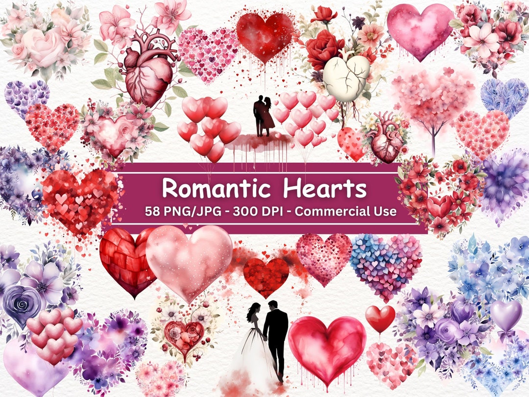Watercolor Floral Heart Clipart Bundle: Romantic Card Making (digital ...