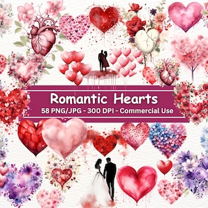 Watercolor Romantic Heart Clipart Bundle, Set of 58, Card Making ...