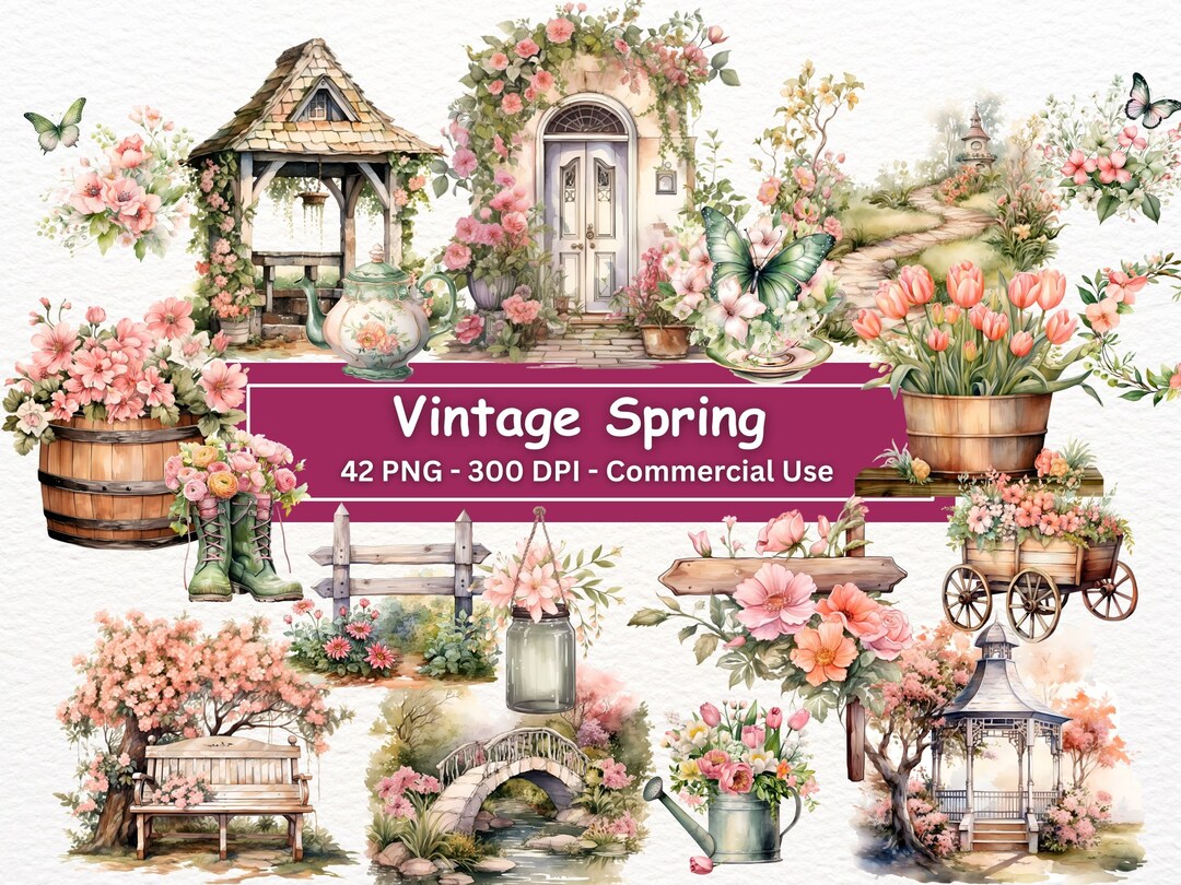 Watercolor Vintage Garden Clipart Bundle, 42 PNG Images, Commercial Use ...