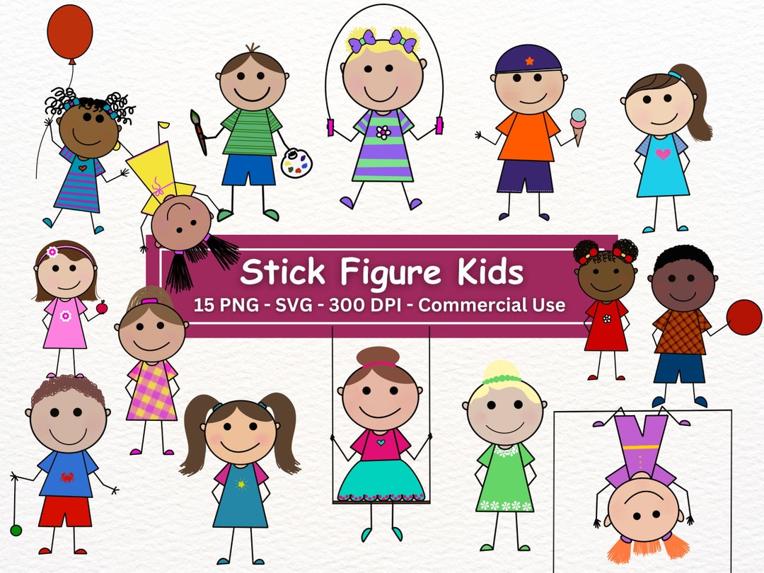 Stick Children PNG SVG Bundle, Stick Figures, Hand Drawn Stick Boy and ...