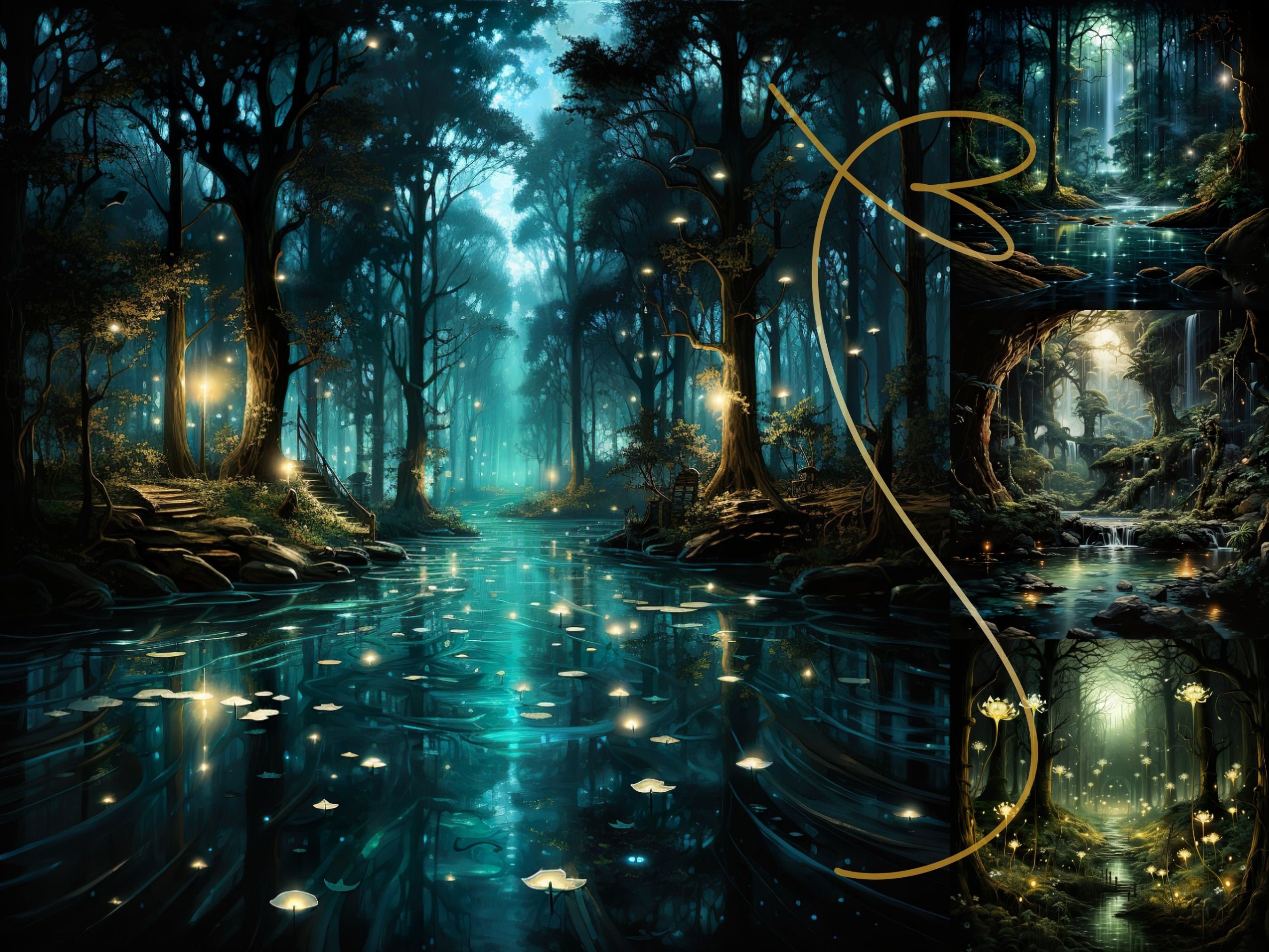 Printable Enchanted Waterfall, Stream, Lake Digital Paper, Forest Lake ...