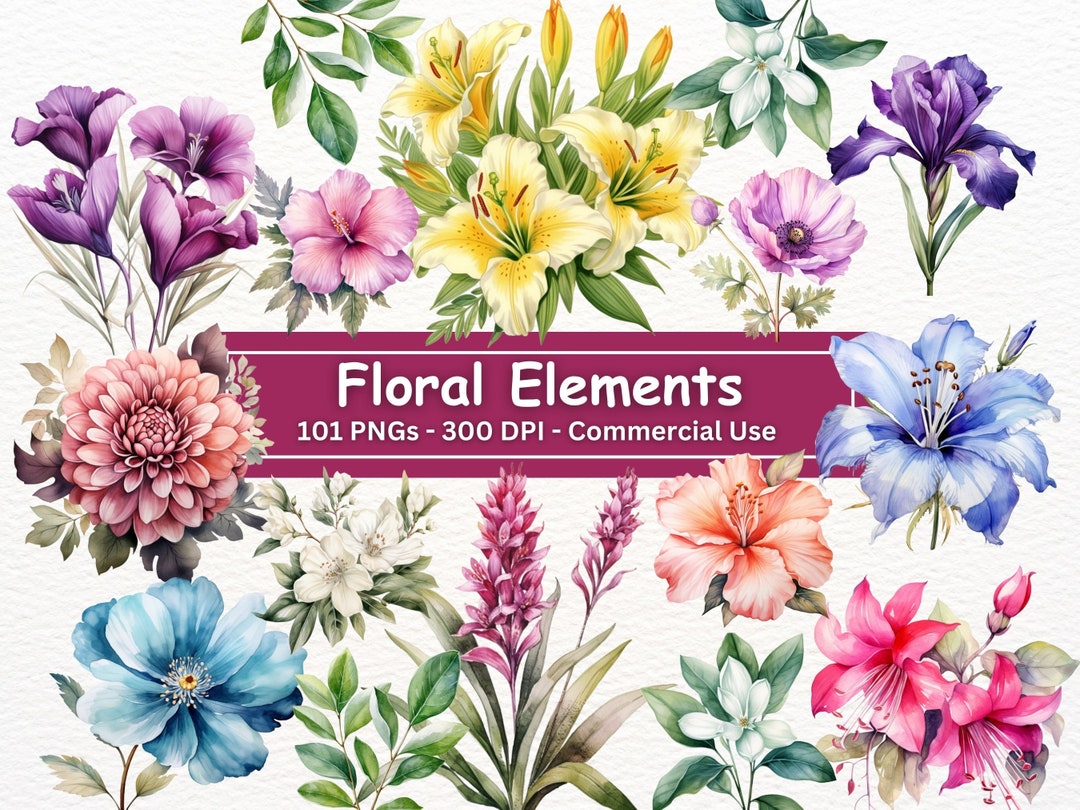 Watercolor Floral Clipart Bundle: 101 Botanical PNG Set (digital ...