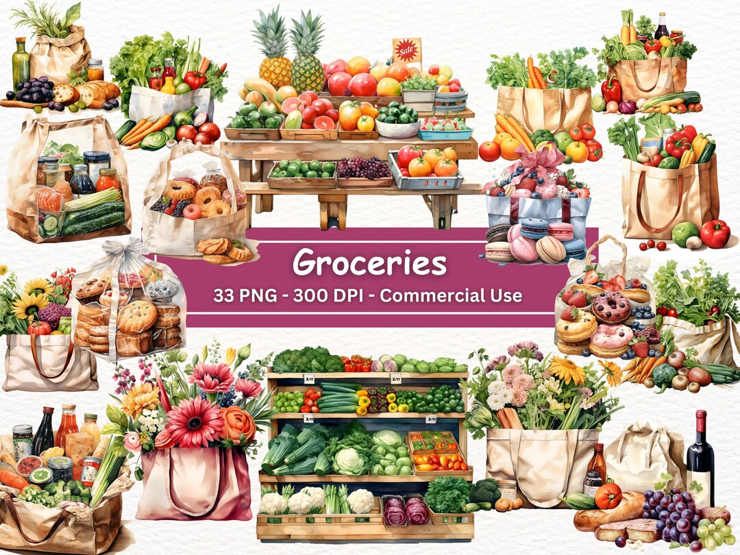 Groceries Watercolor Clipart Bundle, 33 PNG Set, Food Clipart, Grocery ...