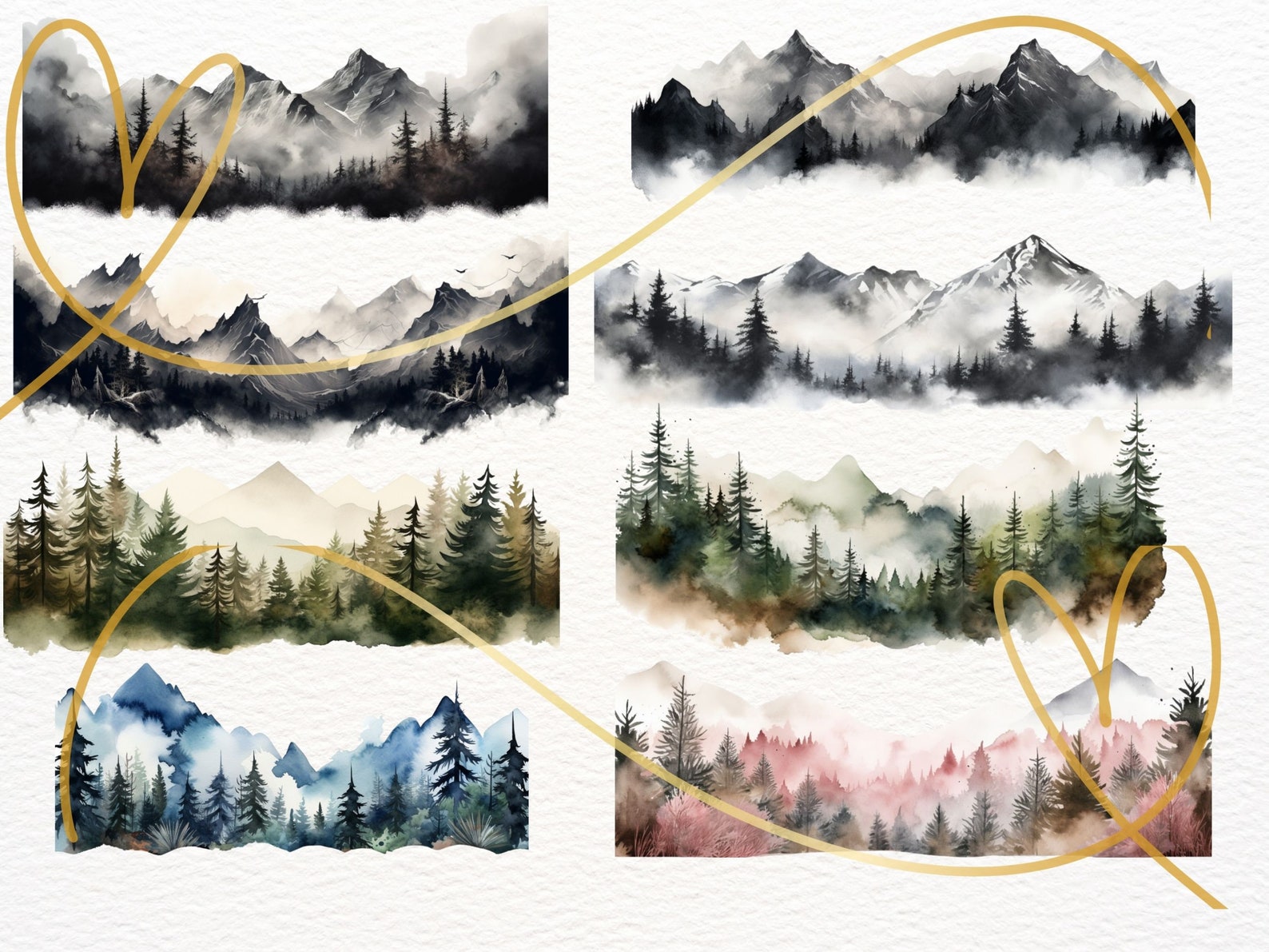 Watercolor Mountain Clipart Borders and Backgrounds Bundle, Set of 50 ...