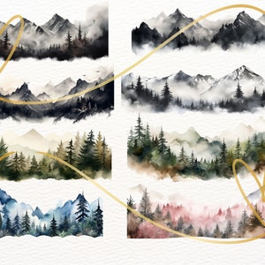 Watercolor Mountain Clipart Borders and Backgrounds Bundle, Set of 50 ...