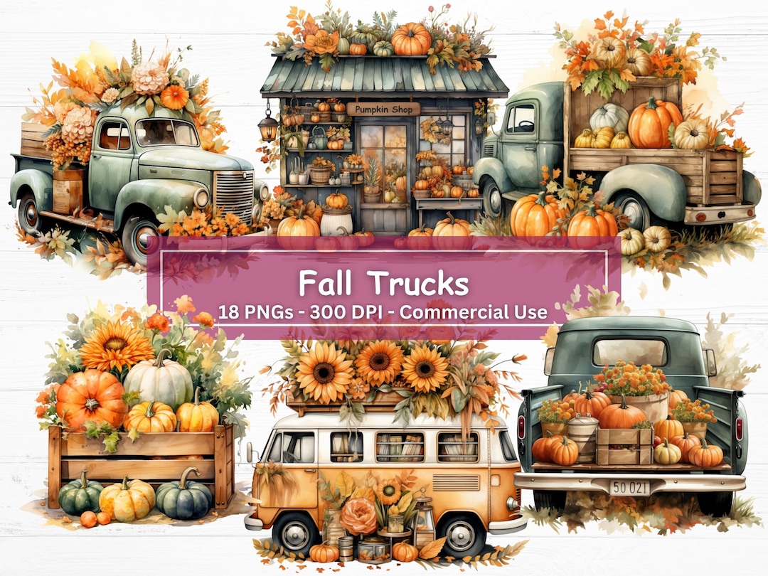 Watercolor Fall Pickup Truck Clipart Bundle, 18 PNG Set, Pumpkin ...