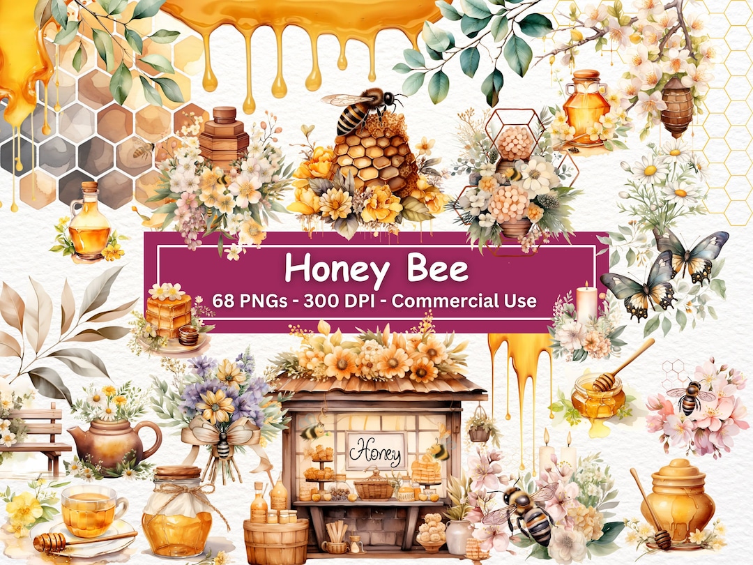 Watercolor Honey Bee Clipart Bundle: Honeycomb & Drips (PNG Digital ...