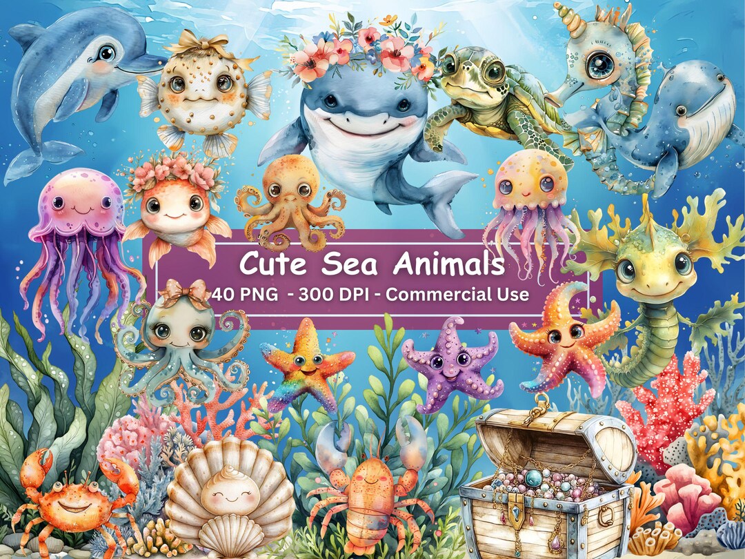 Cute Sea Animals Clipart, Set of 40 Pngs, Under the Sea, Coral, Fish ...