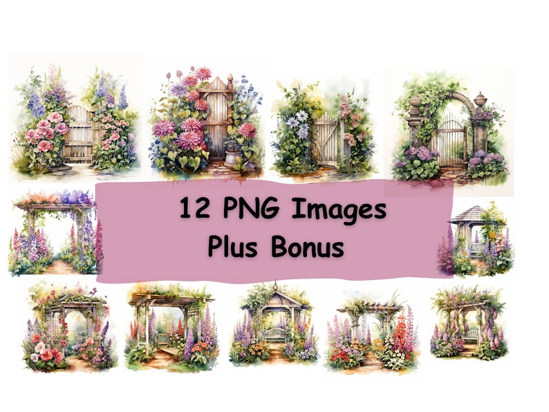 Watercolor Floral Pergolas and Gazebos Clipart, 12 Pngs Plus Bonus ...