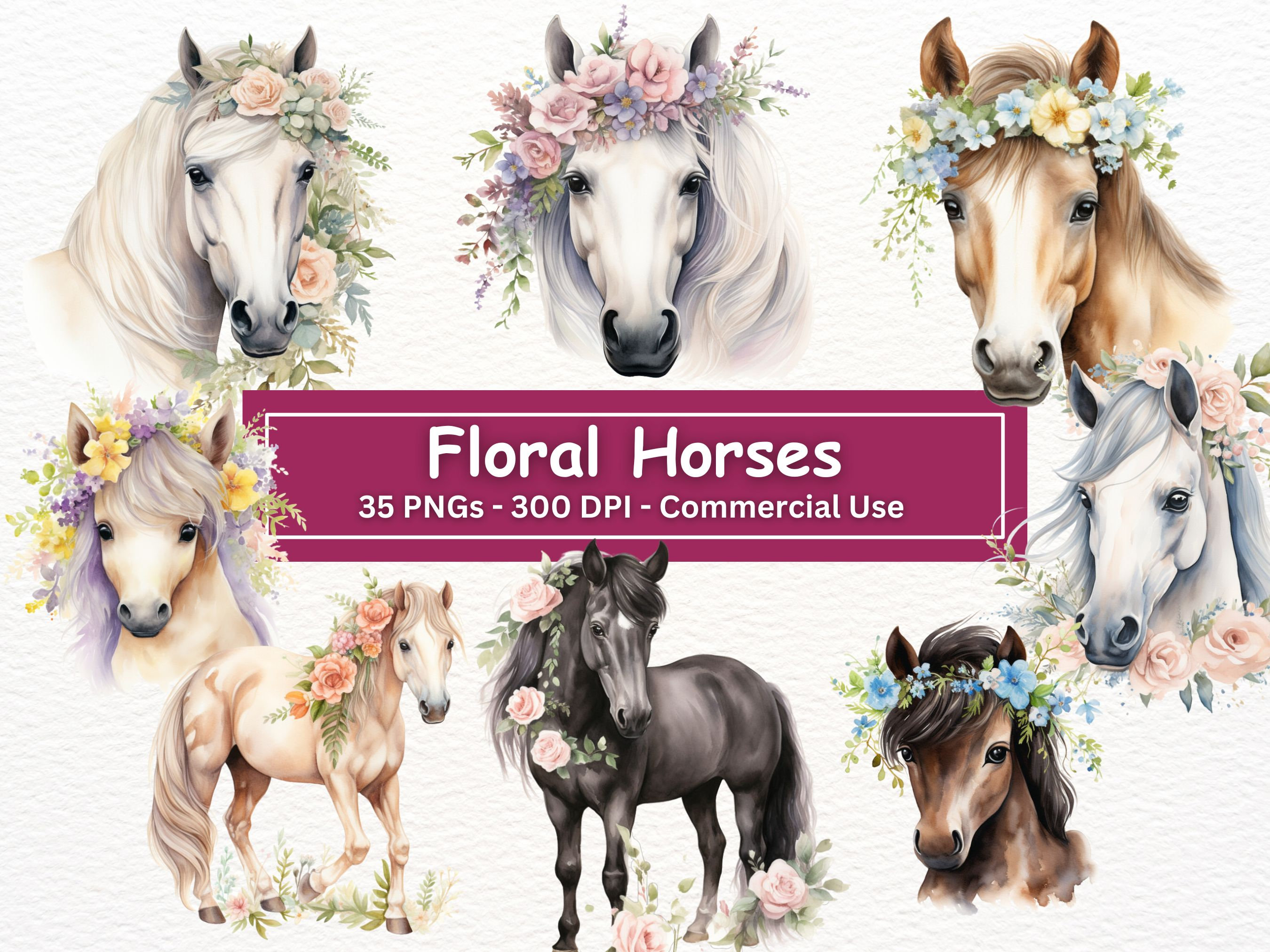 Watercolor Floral Horse Clip Art Bundle, Set of 35 Horse Pngs, Nursery ...