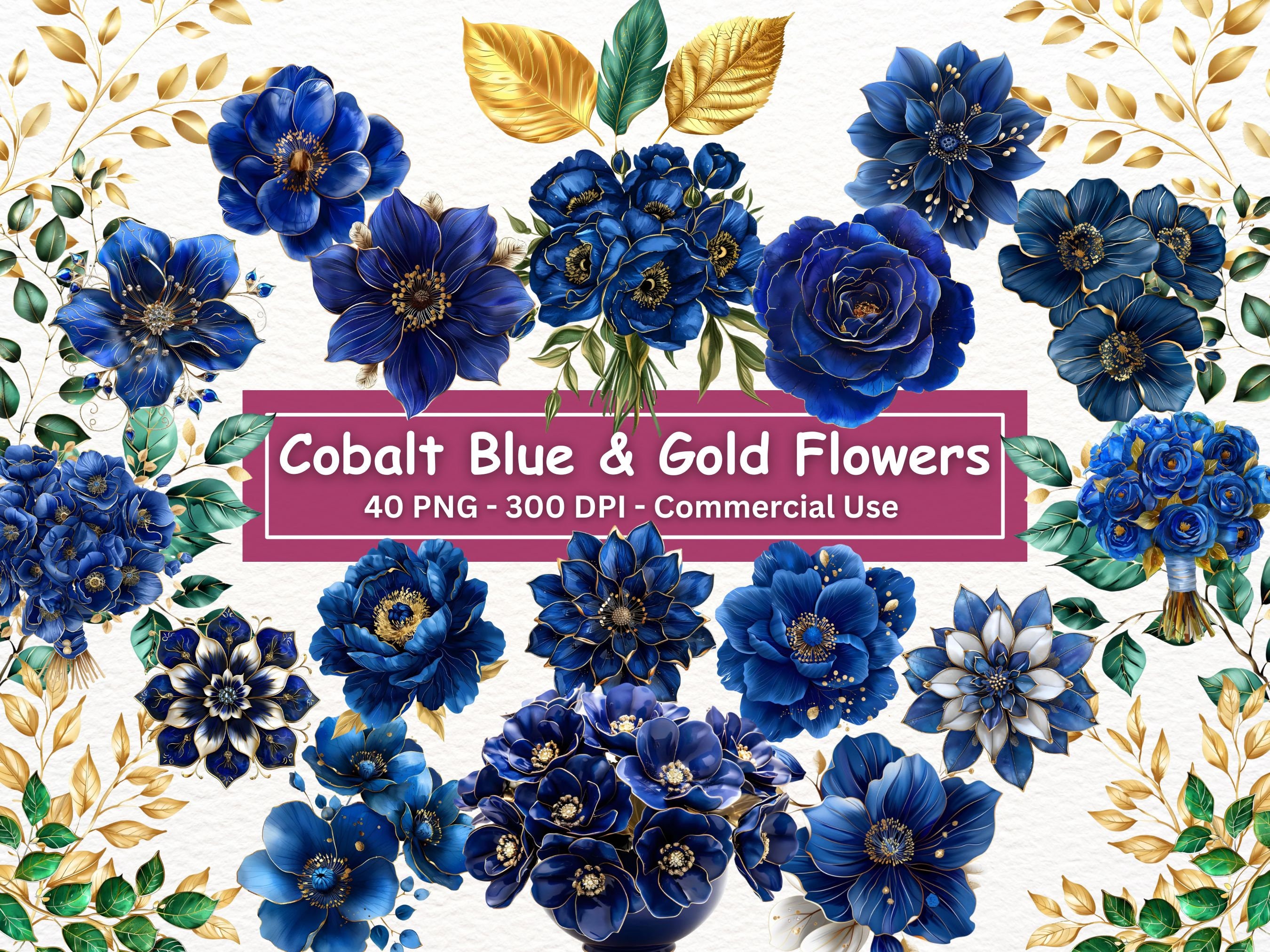Cobalt Blue Floral Clipart: Gold Leaves PNG Bundle (digital Download ...