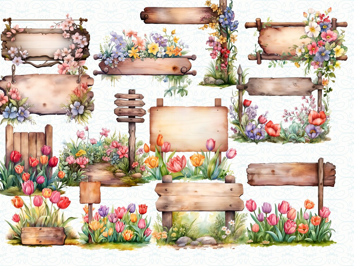 Floral Wooden Signs Clipart: Watercolor Flowers PNG Set (digital ...