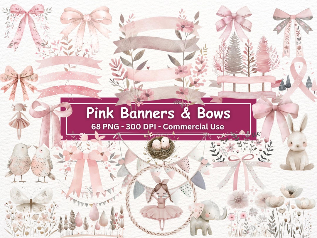 Pink Banners and Bows Clipart, 68 PNG Set, Transparent Background ...