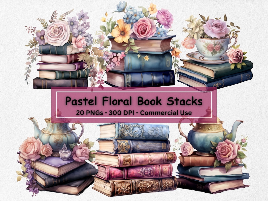Pastel Watercolor Floral Books Clipart, Book Bundle, Set of 20 Pngs ...
