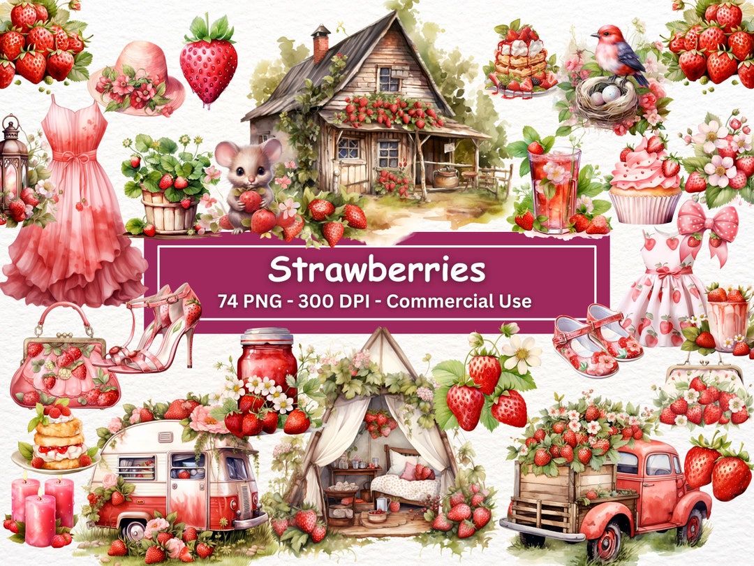 Watercolor Strawberry Clipart Bundle: Rustic Fruit Designs (PNG Set of ...