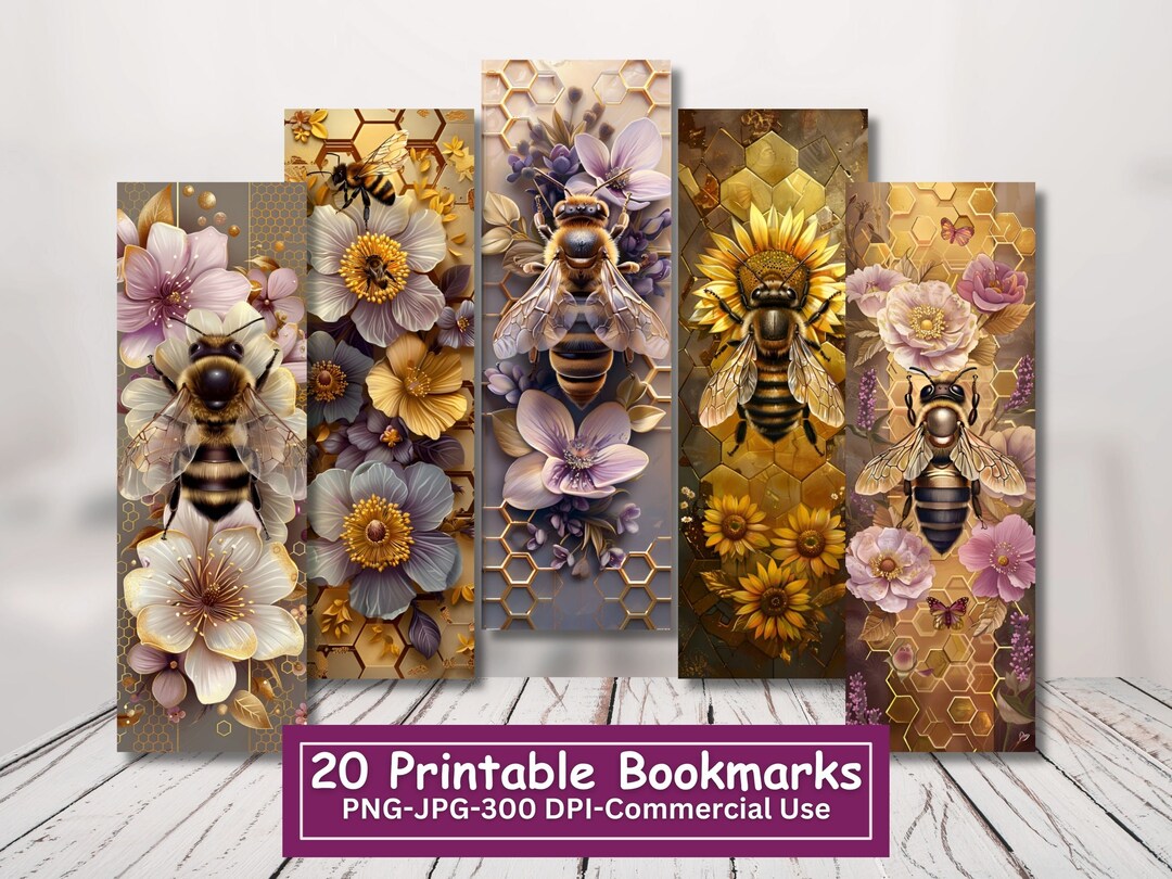 Fantasy Bee Printable Bookmarks Bundle, Set of 20 PNG/JPG, Floral Bees ...
