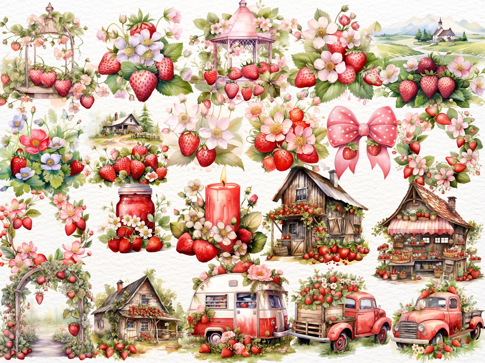 Watercolor Strawberry Clipart Bundle, PNG Set of 74, Strawberries Clip ...