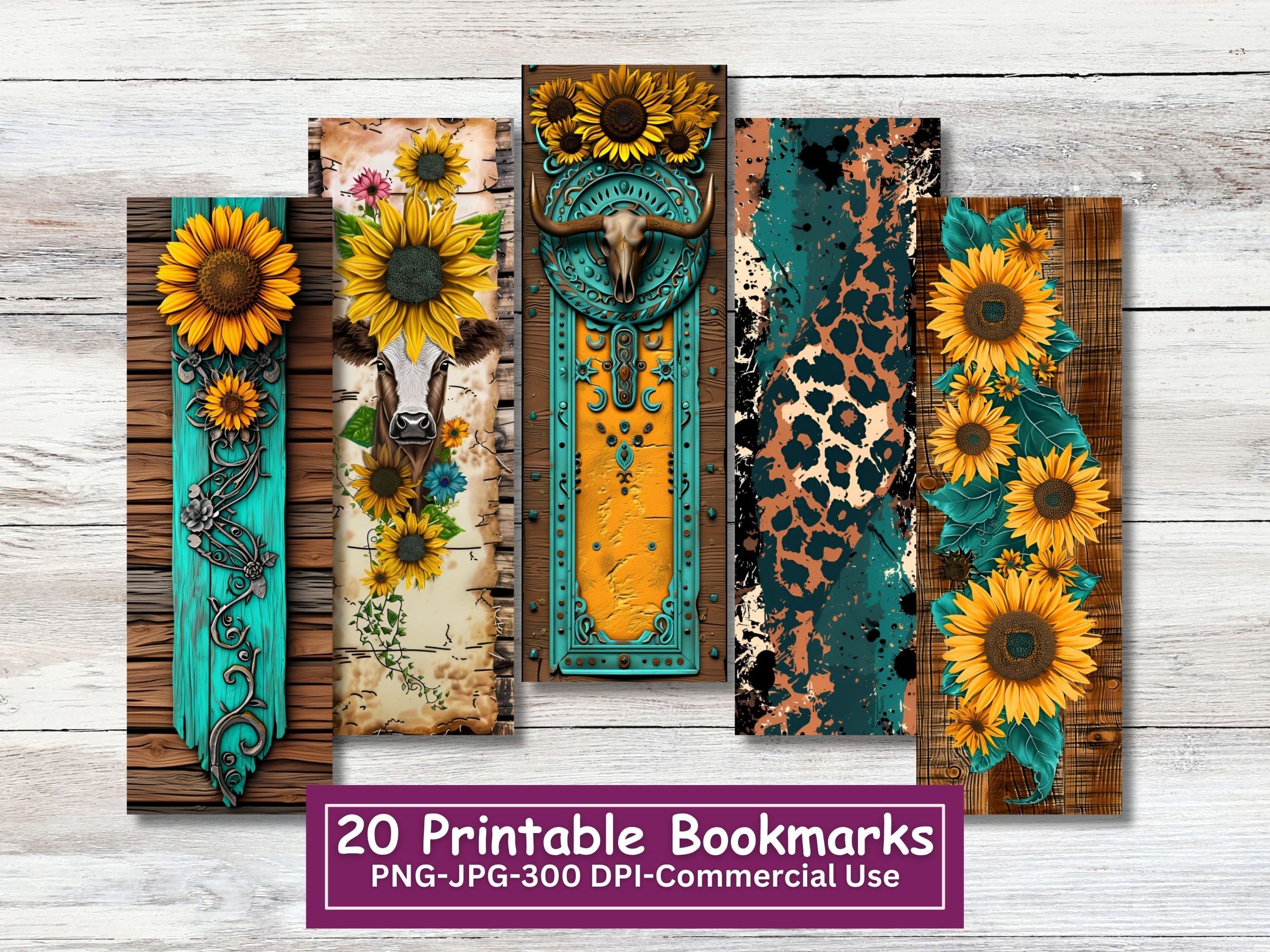 Printable Sunflower & Teal Western Style Bookmarks Bundle, Set of 20, Print and Cut Sheets ...