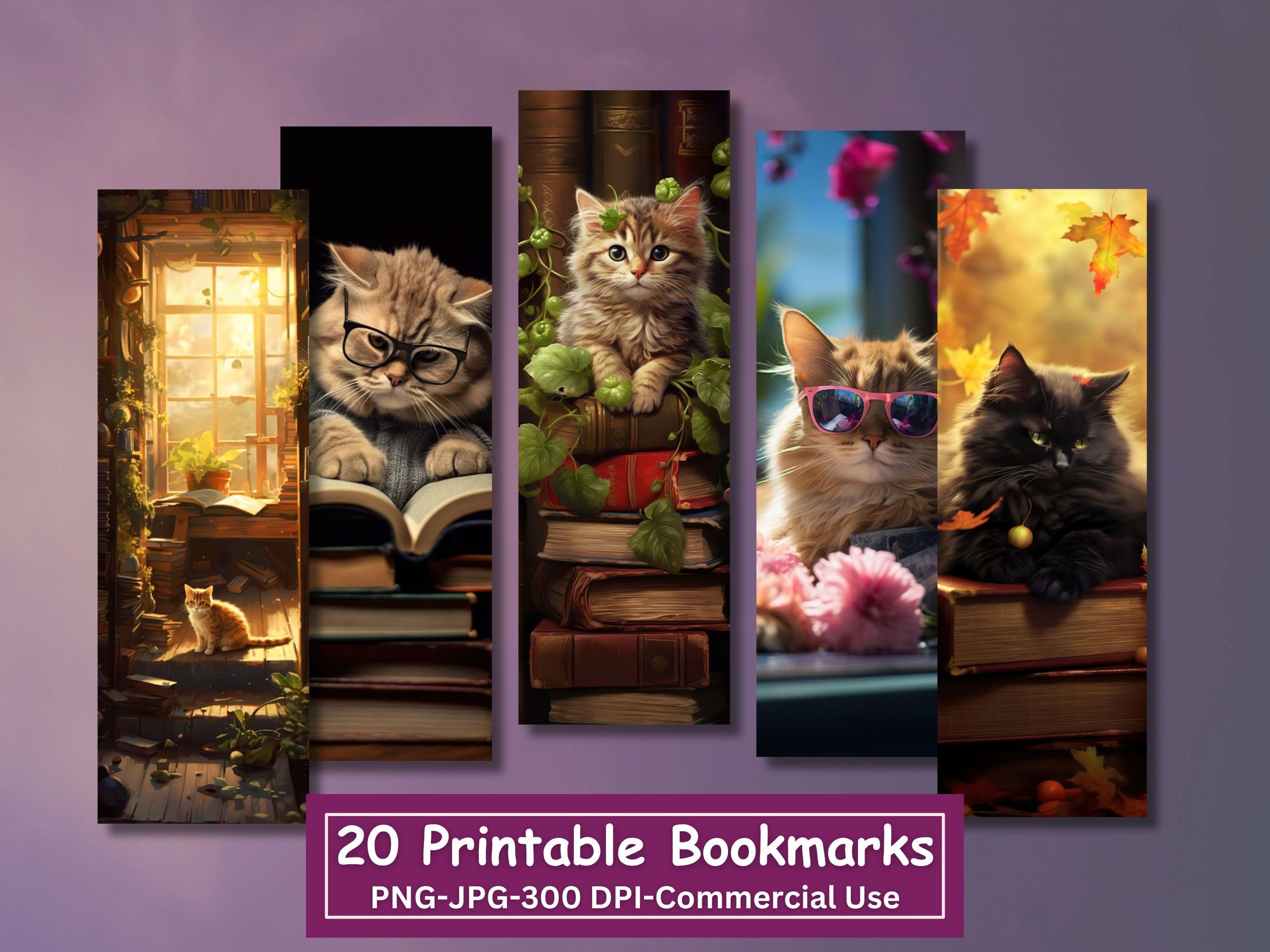 Cute Cats With Books Printable Bookmark Bundle, JPG Print and Cut Pages ...