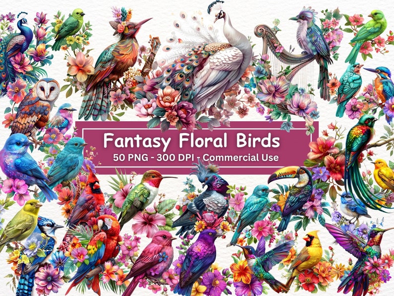 Fantasy Floral Birds Clipart: PNG Bundle (digital Download) - Etsy
