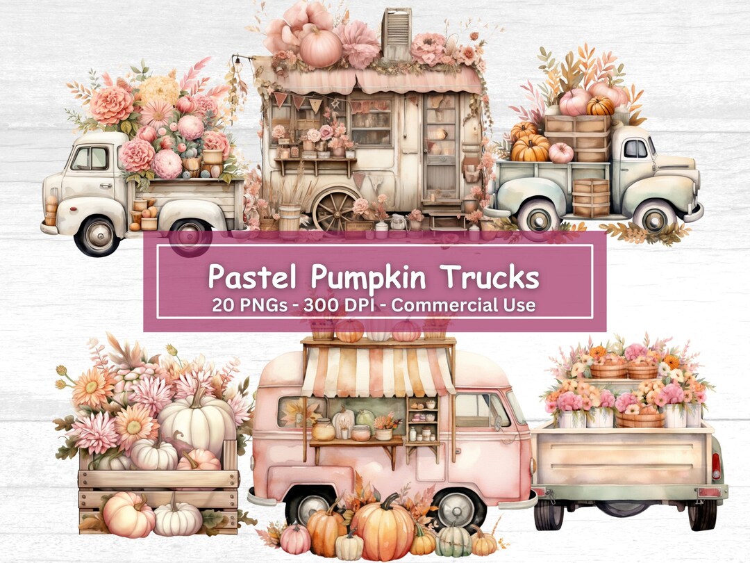 Pastel Pink Pumpkin Truck Clipart: Watercolor Autumn PNG Set (digital ...