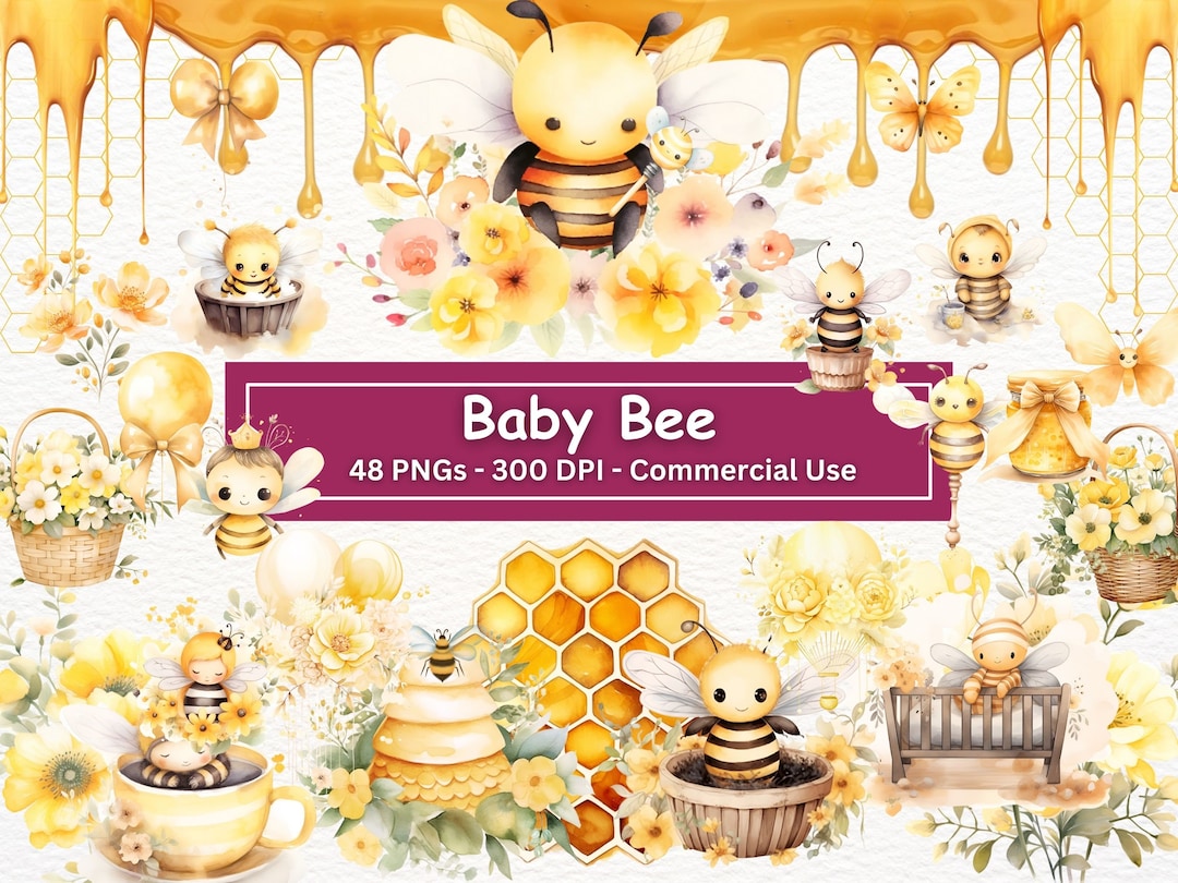 Watercolor Baby Honey Bee Clipart, Cute Bee PNG Set of 48, Bee Baby ...