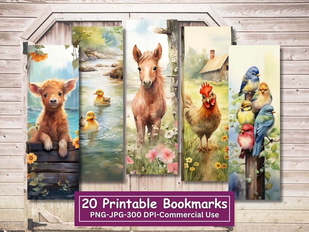 Rustic Watercolor Farm Animals Bookmarks Bundle, Set of 30 PNG/JPG ...