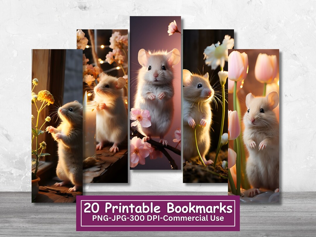 Mouse With Flowers Printable Bookmarks Bundle, Set of 20 PNG/JPG ...