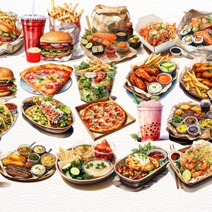 Watercolor Takeout Food Clipart Set, 55 Pngs, Carryout Burger, Fries ...