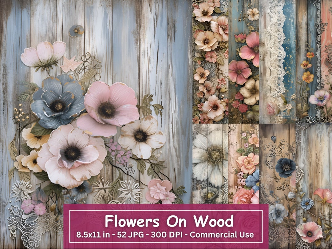 Wood With Flowers and Lace Printable Junk Journal Pages, 52 JPG Set ...