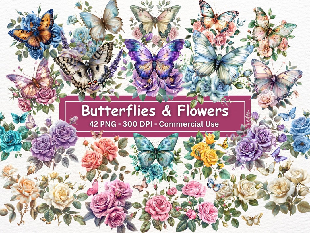 Butterflies and Flowers Clipart, 42 PNG Set, Colorful Butterfly Floral ...