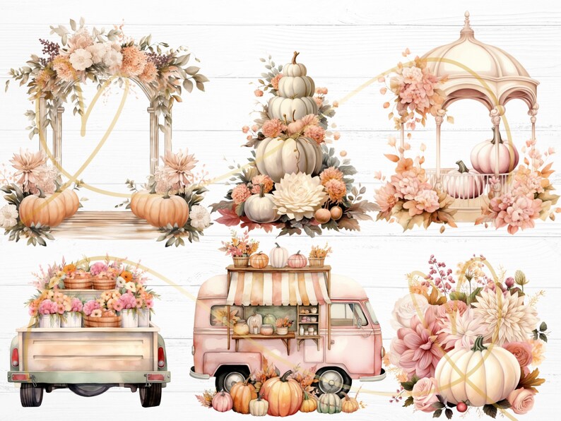 Pastel Pink Pumpkin Truck Clipart: Watercolor Autumn PNG Set (digital ...